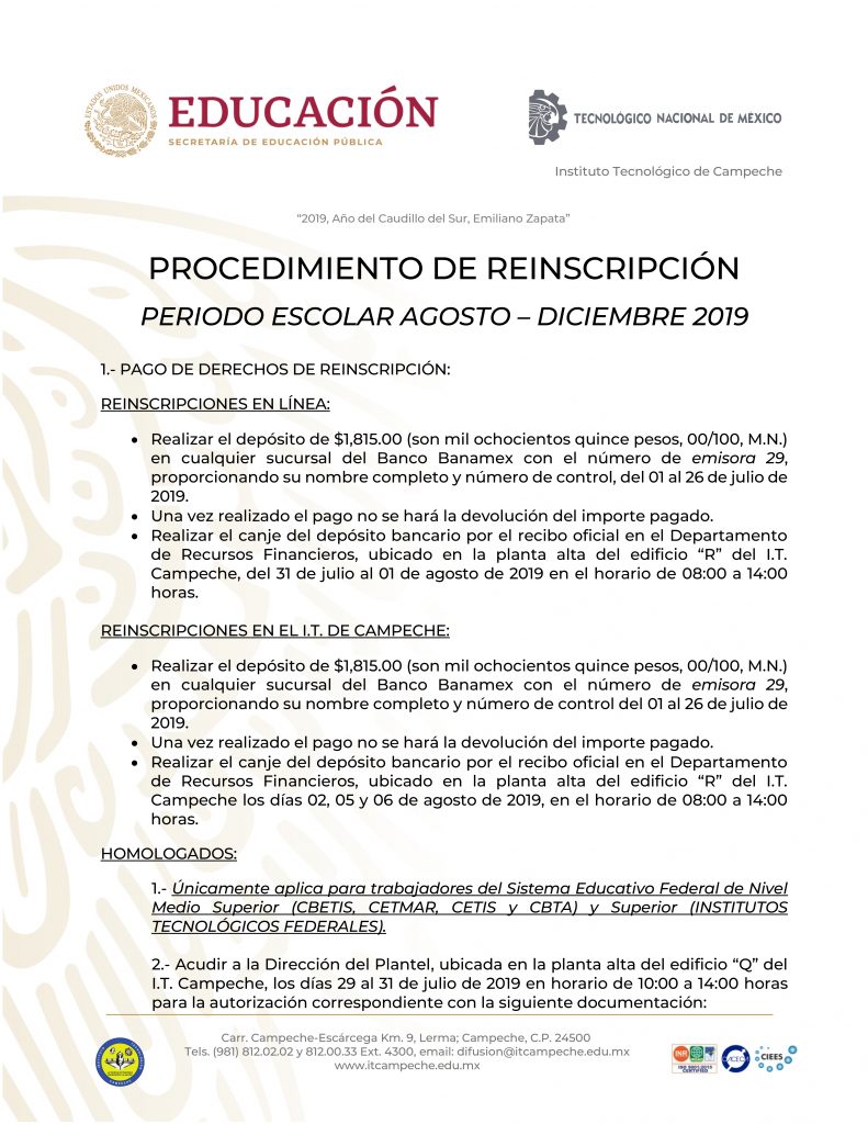 Proceso de reinscripción – Agosto/Diciembre 2019