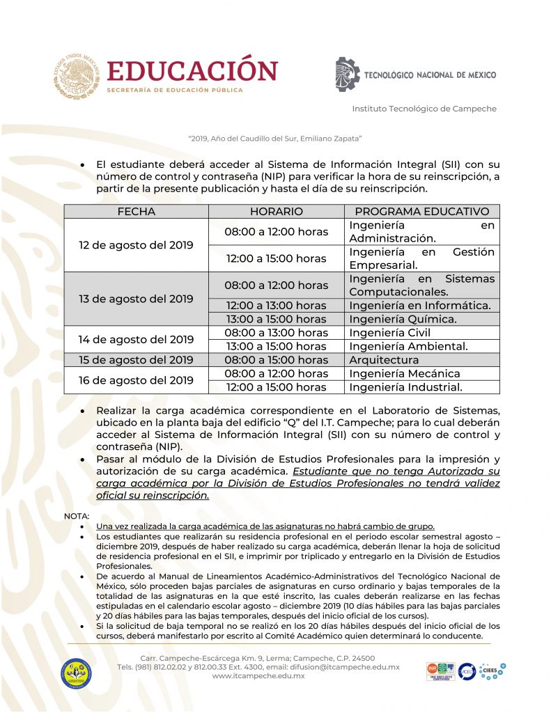 Proceso de reinscripción – Agosto/Diciembre 2019