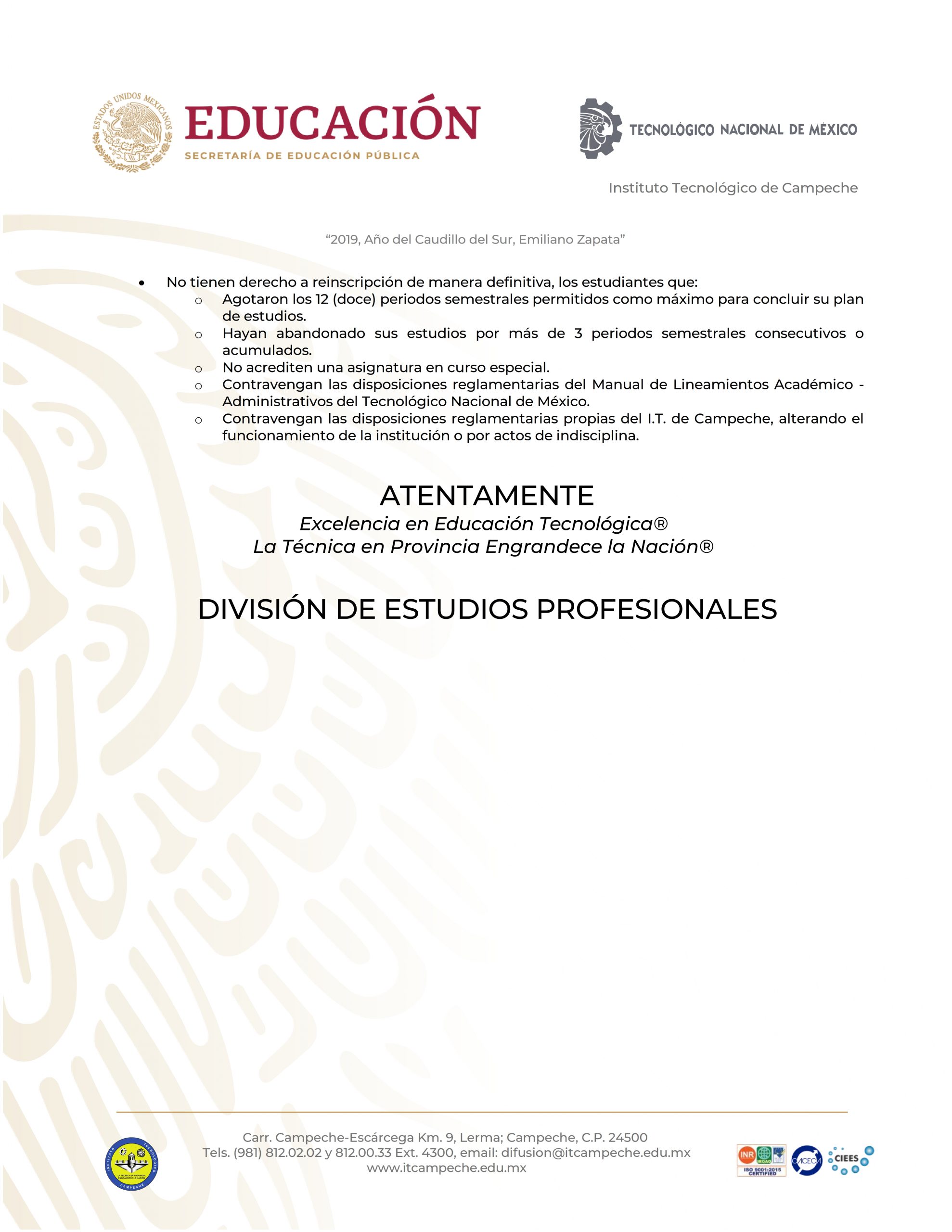 Proceso de reinscripción – Agosto/Diciembre 2019